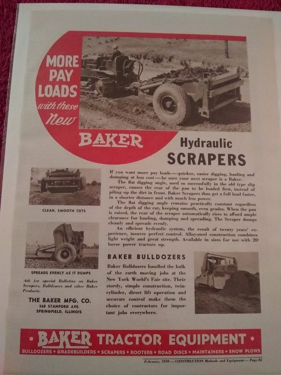 Vtg 1939 Baker Tractor Equipment Ad Advertisement: Hydraulic Scraper ...