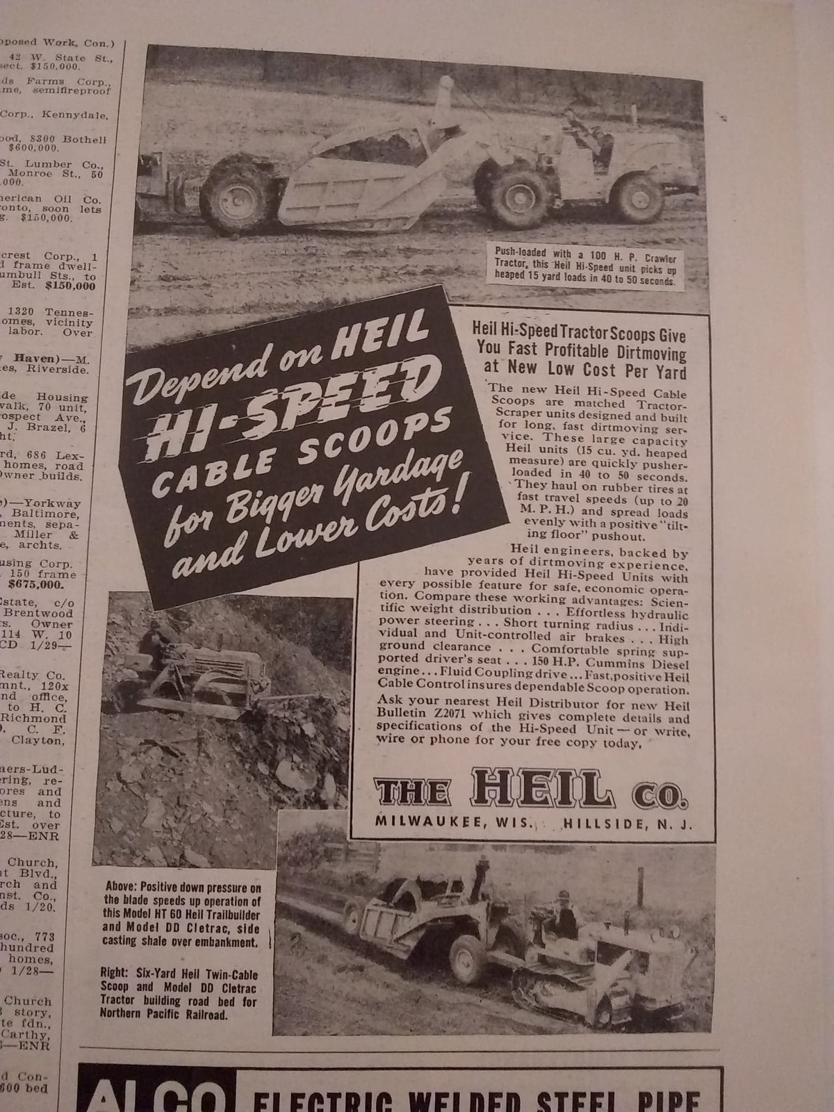 Vtg. 1942. Heil Co. Ad Advertisement: Hi Speed Tractor Scoops w Cletrac ...