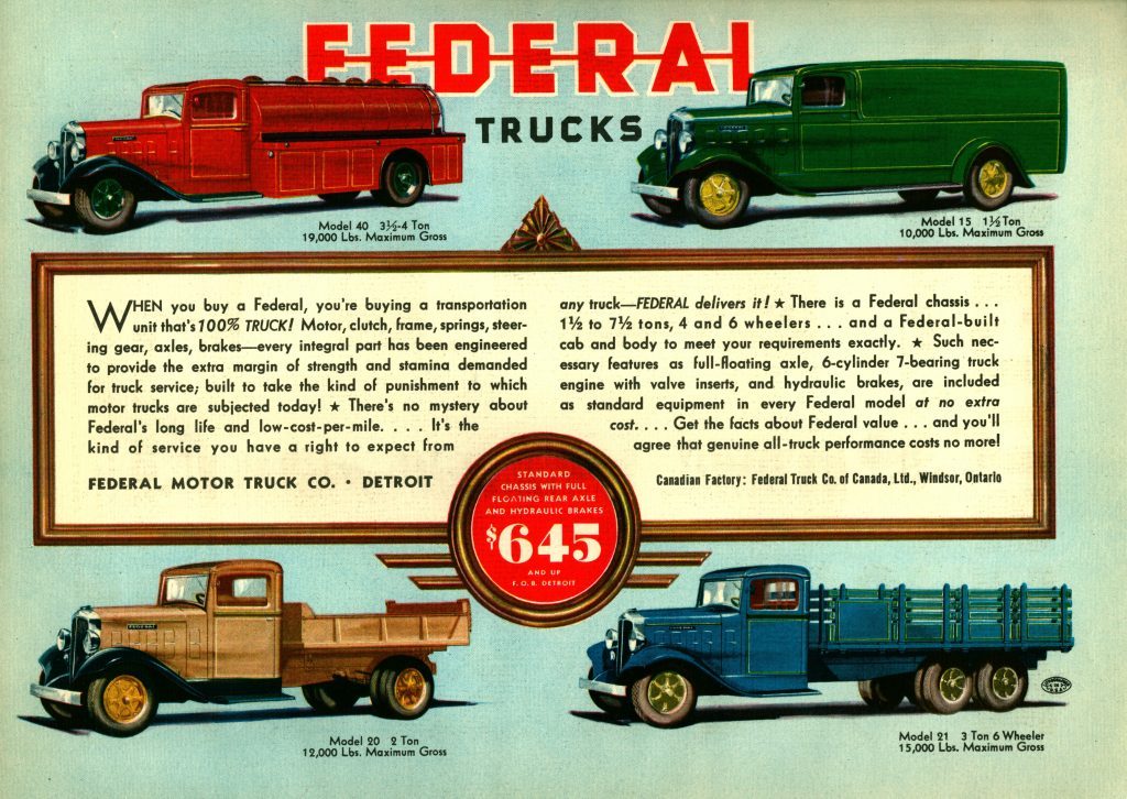 Federal Trucks Circa 1935 Collectible New Metal Sign: Models 15, 20, 21 ...