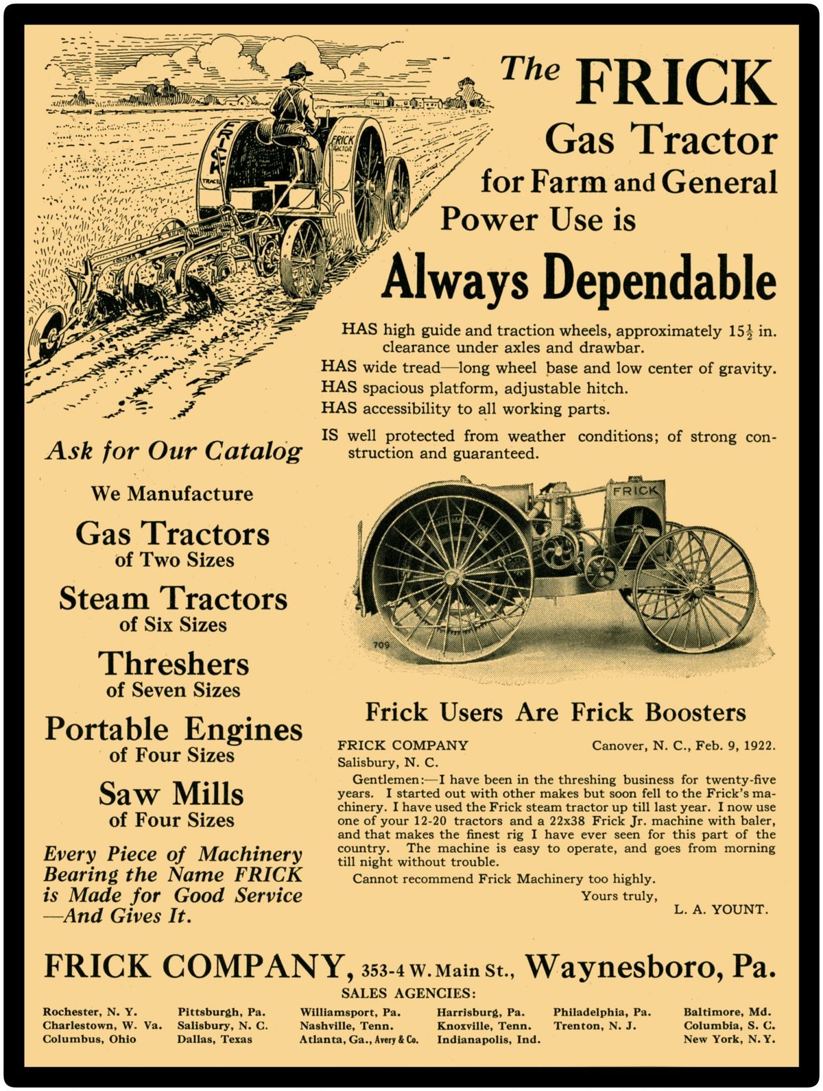 1922 Frick Company Collectible New Metal Sign: The Frick Gas Tractor ...