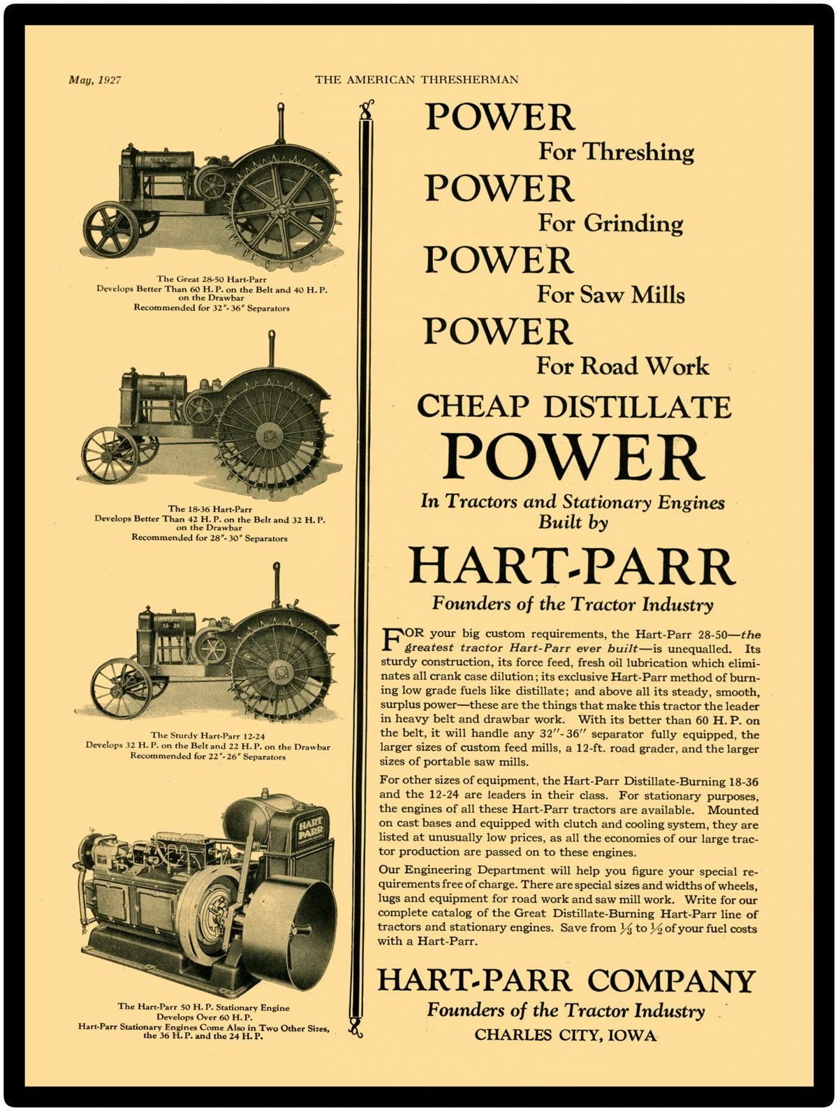 1927 Hart Parr Company Collectible New Metal Sign: Distallate Tractors ...