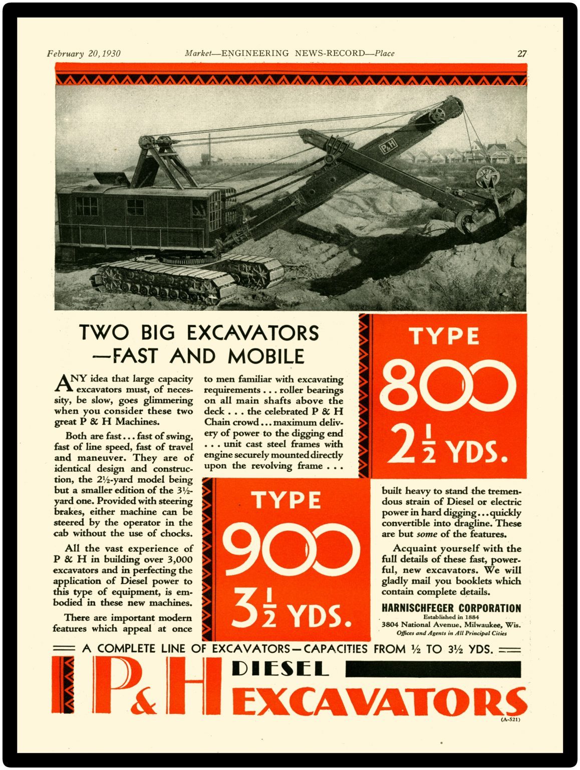 1930 P & H Harnischfeger Type 800 & 900 Excavators Collectible New ...