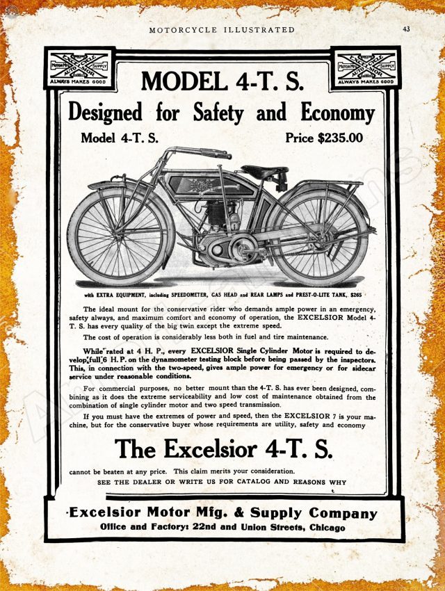 1914 Excelsior 4-T.S. Motorcycle Collectible New Metal Sign: Chicago ...