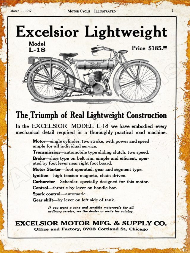 1917 Excelsior Motorcycles Model L-18 Collectible New Metal Sign ...