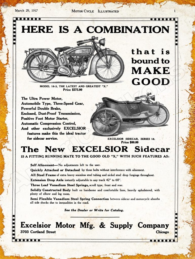 1917 Excelsior Motorcycle & Sidecar Collectible New Metal Sign: Chicago ...