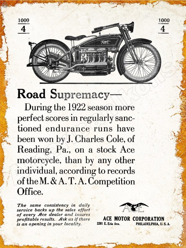 1922 Ace Motorcycles Collectible New Metal Sign: Philadelphia ...