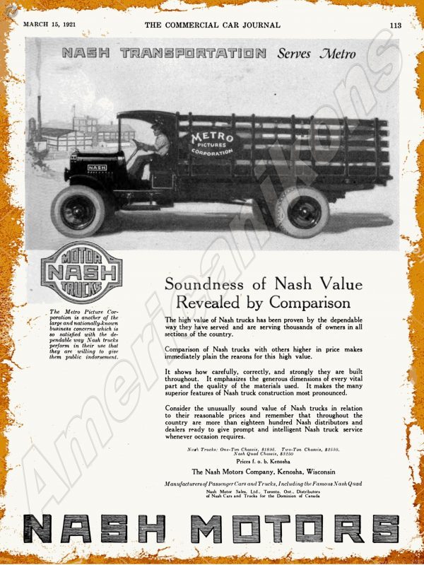1921 Nash Motor Trucks Collectible Metal Sign: Kenosha, Wisconsin ...