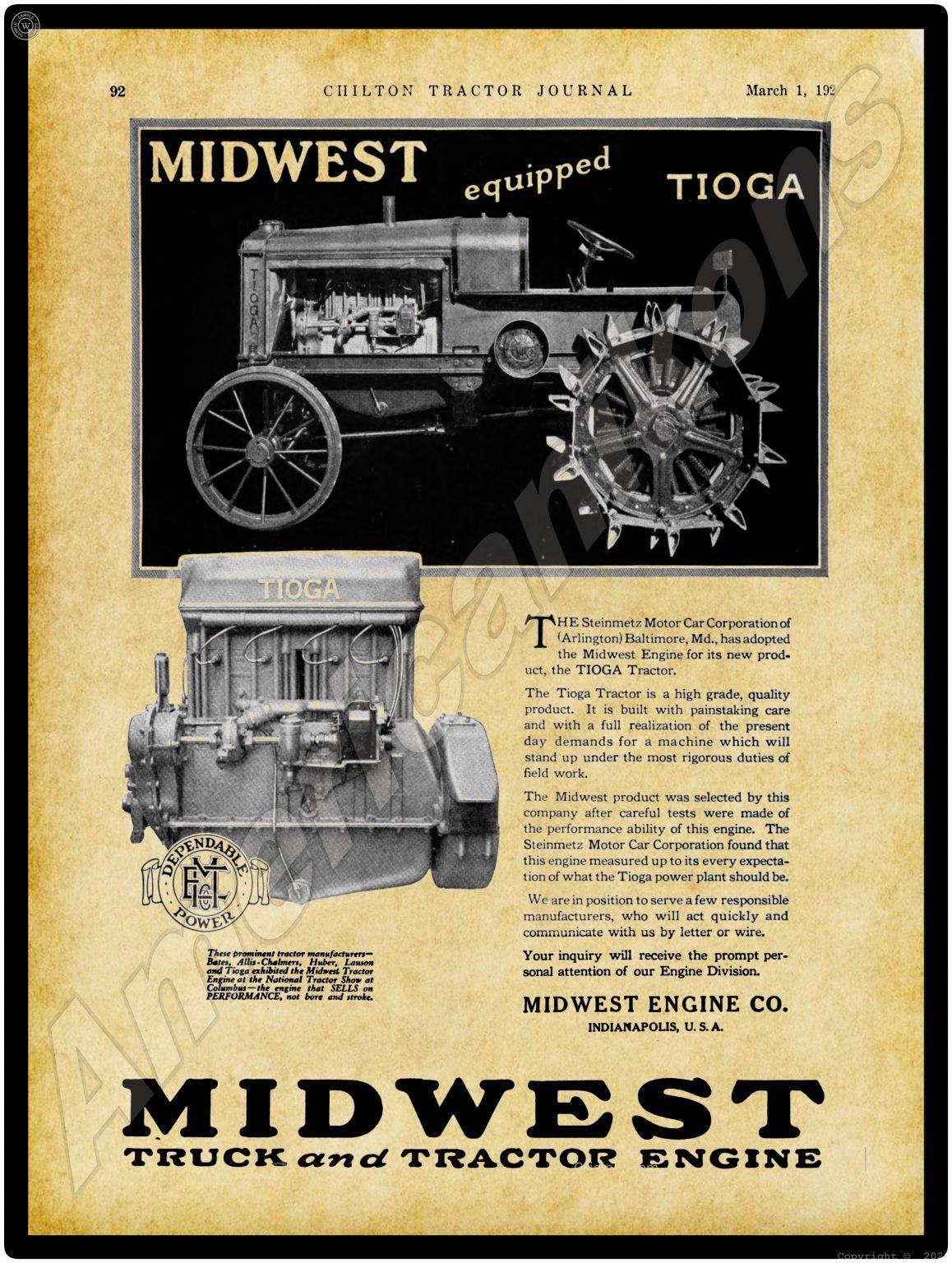 1921 Midwest Engine Company Collectible Metal Sign: Tioga Tractors ...