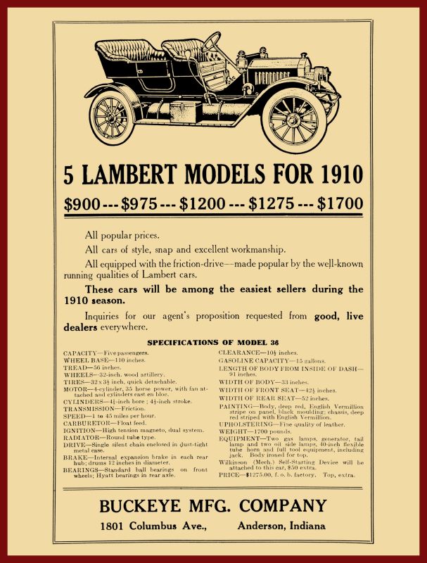 1910 Lambert Automobiles Collectible NEW Metal Sign: Buckeye Mfg. Co ...