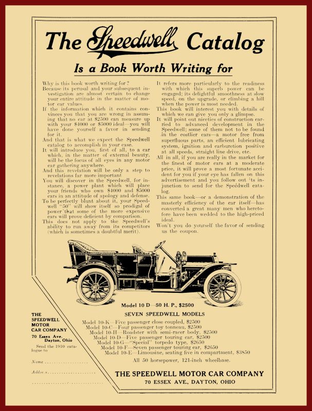 1910 Speedwell Motor Car Collectible NEW Metal Sign: Dayton, OhiO ...